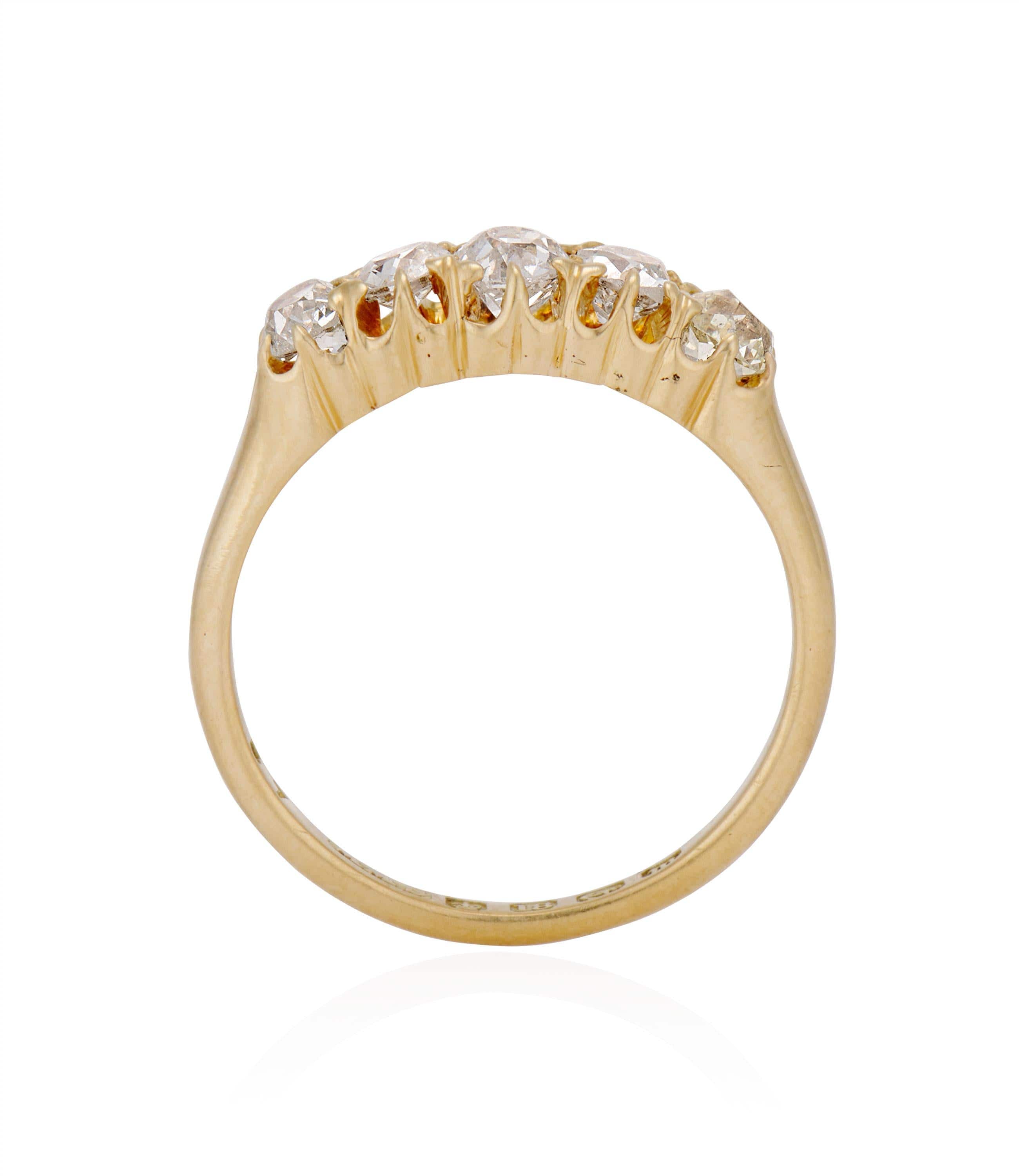 Victorian 1.25 Carat Old Mine Cut Diamond Yellow Gold Antique Five Sto ...