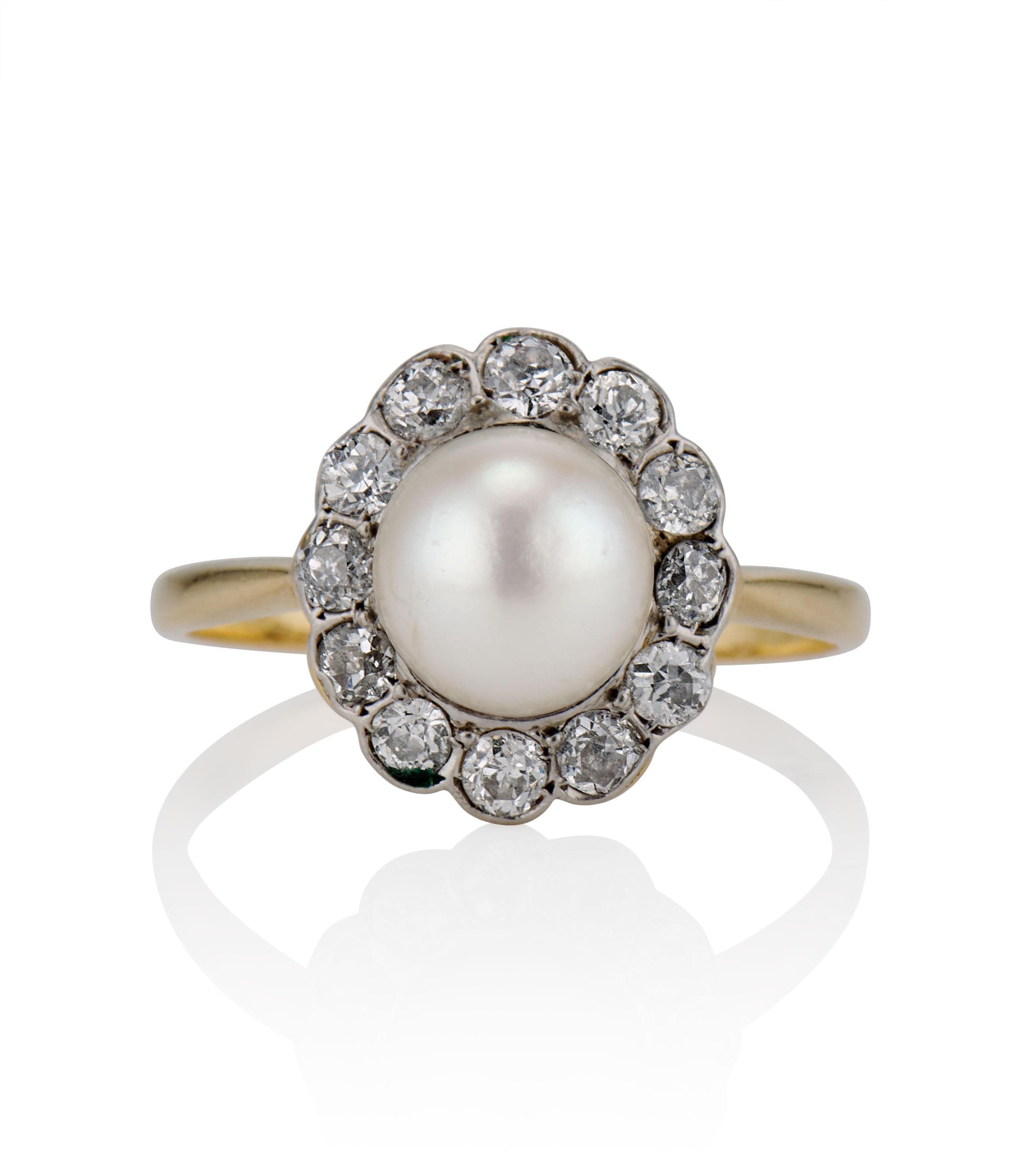Edwardian Diamond and Pearl Two Tone Cluster Antique Engagement Ring ...